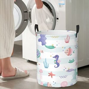 Laundry Basket,Sea Fish Characters Cartoon,Large Canvas Fabric Lightweight Storage Basket/Toy Organizer/Dirty Clothes Collapsible Waterproof For College Dorms-Large