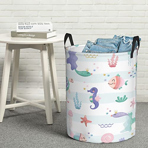 Laundry Basket,Sea Fish Characters Cartoon,Large Canvas Fabric Lightweight Storage Basket/Toy Organizer/Dirty Clothes Collapsible Waterproof For College Dorms-Large