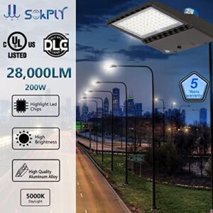 Sokply 200W LED Parking Lot Light with Photocell & Adjusted Arm Mount 28000Lum 5000K, 0-10V Dimming Outdoor LED Area Shoebox Lighting, AC100-277V / IP65 / DLC &UL-Listed(1 Pack)