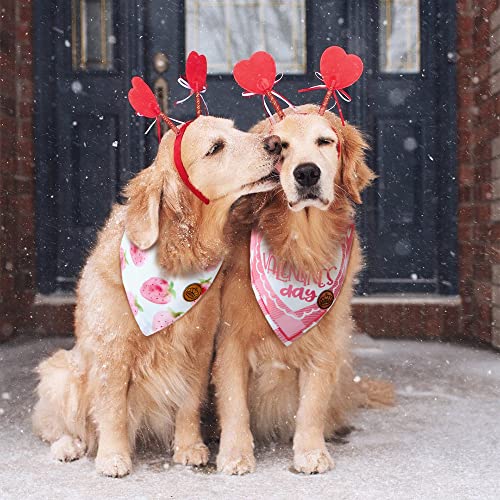 CROWNED BEAUTY Valentines Day Dog Bandanas Large 2 Pack,Pink Strawberries Adjustable Triangle Holiday Plaid Reversible Scarves for Medium Large Extra Large Dogs Pets DB13