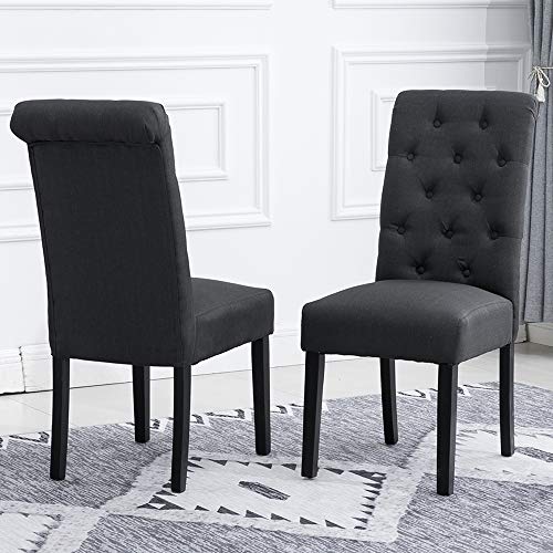 Pair Dining Room Chairs Kitchen Chairs Set of 2 Grey Comfortable Linen Fabric Upholstered Black Wood Legs Side Chairs Studded Nailhead and Button for Living Room Restaurant Lounge (2, Charcoal Grey)