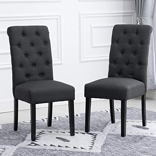 Pair Dining Room Chairs Kitchen Chairs Set of 2 Grey Comfortable Linen Fabric Upholstered Black Wood Legs Side Chairs Studded Nailhead and Button for Living Room Restaurant Lounge (2, Charcoal Grey)