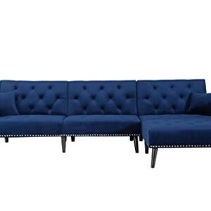 Cotoala L-Shape Convertible Sectional Sleeper Sofa with 2 Pillows, Adjustable Back, Modern Velvet Couch with Lounge Chairs, for Living Room, Office, Blue