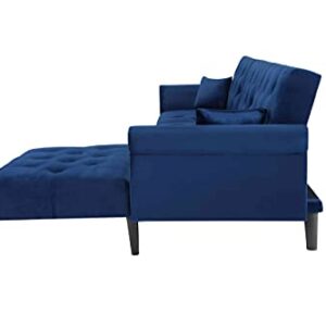 Cotoala L-Shape Convertible Sectional Sleeper Sofa with 2 Pillows, Adjustable Back, Modern Velvet Couch with Lounge Chairs, for Living Room, Office, Blue