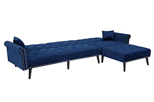 Cotoala L-Shape Convertible Sectional Sleeper Sofa with 2 Pillows, Adjustable Back, Modern Velvet Couch with Lounge Chairs, for Living Room, Office, Blue