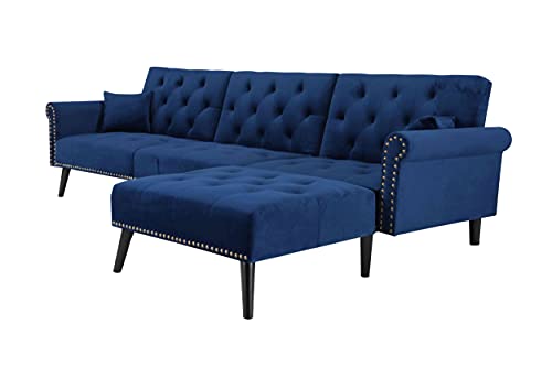 Cotoala L-Shape Convertible Sectional Sleeper Sofa with 2 Pillows, Adjustable Back, Modern Velvet Couch with Lounge Chairs, for Living Room, Office, Blue