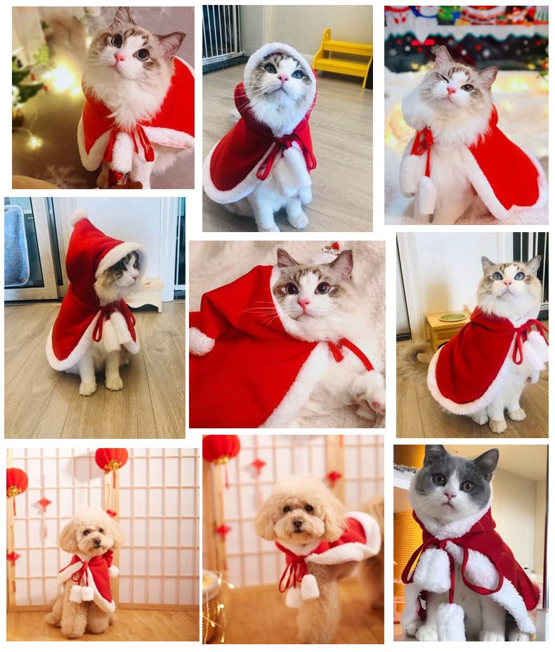 Cat Christmas Hooded Cloak Pet Dog Costume Cape with Hat Cute Kitten Puppy Red Poncho Santa Claus Cosplay Robe for Xmas Party