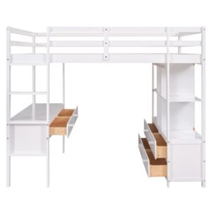 harper & bright designs full loft bed with desk, solid wood frame storage shelves and drawers (full size, white), gray(storage)