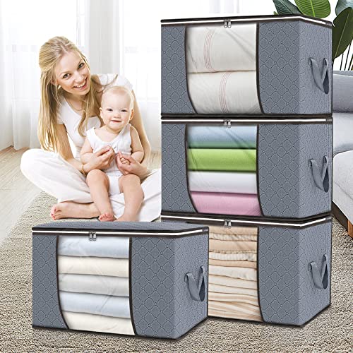 90L Large Storage Bags - 4 Pack Clothes Storage Bins, Foldable Closet Organizer Storage Containers with Durable Handles and Thick Fabric for Comforters, Clothing, Blanket, Bedding and Toys (Grey)