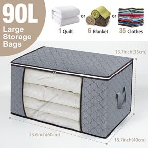 90L Large Storage Bags - 4 Pack Clothes Storage Bins, Foldable Closet Organizer Storage Containers with Durable Handles and Thick Fabric for Comforters, Clothing, Blanket, Bedding and Toys (Grey)