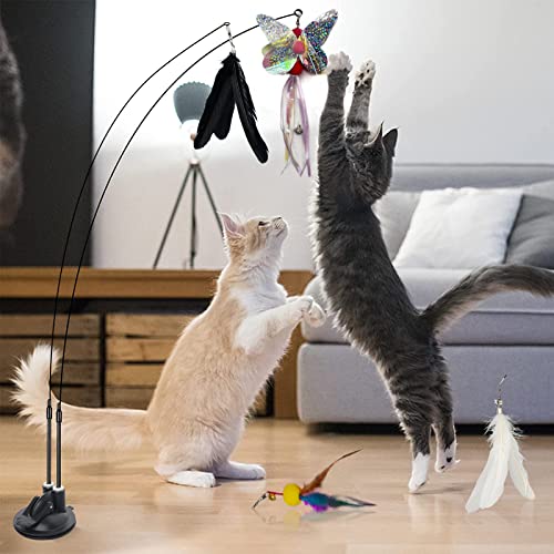 NBVNBV Cat toys,Cat Feather Toys,Interactive Toys with Super Suction Cup Bells for Indoor Bell Detachable 3 Pcs Replacements1butterfly Replacementfor Cats to Play Chase Exercise