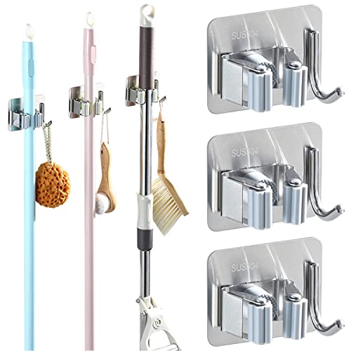 BAOSHILI 3 Pack Mop Broom Holder,No Drill Wall Mount Self Adhesive Broom Organizer with Mopping Cloth Hooks,Stainless Steel Garage Storage Cleaning Tool Hanger for Bathroom, Kitchen, Laundry