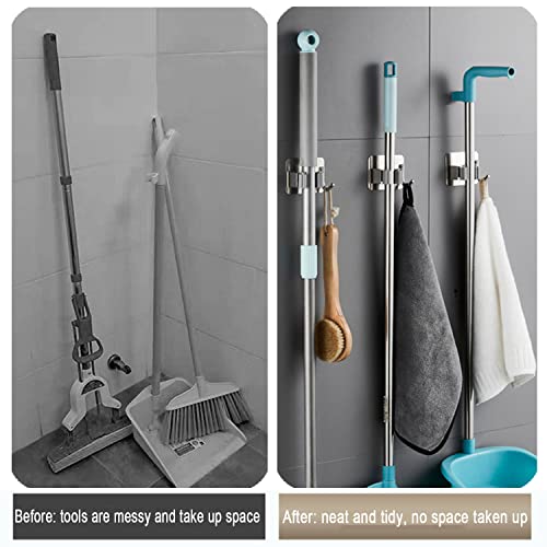 BAOSHILI 3 Pack Mop Broom Holder,No Drill Wall Mount Self Adhesive Broom Organizer with Mopping Cloth Hooks,Stainless Steel Garage Storage Cleaning Tool Hanger for Bathroom, Kitchen, Laundry