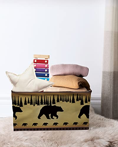 Storage Cubes Organizer with Handles, Black Forest Bear Animal Silhouettes on Retro Backdrop Storage Bins Fabric Collapsible Storage Baskets for Shelf Closet Nursery Cloth Organizers Box 1pcs