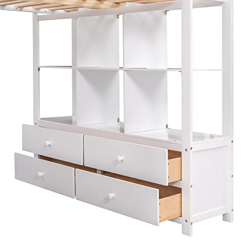 Quarte Multifunctional Full Size Solid Wood Loft Bed with Built-in Desk and Two Drawers,Storage Shelves,Guardrail and Built in Ladder,for Kids,Teens,Adults (White#L)