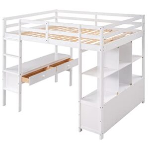 Quarte Multifunctional Full Size Solid Wood Loft Bed with Built-in Desk and Two Drawers,Storage Shelves,Guardrail and Built in Ladder,for Kids,Teens,Adults (White#L)