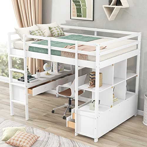 Quarte Multifunctional Full Size Solid Wood Loft Bed with Built-in Desk and Two Drawers,Storage Shelves,Guardrail and Built in Ladder,for Kids,Teens,Adults (White#L)