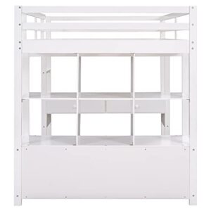 Quarte Multifunctional Full Size Solid Wood Loft Bed with Built-in Desk and Two Drawers,Storage Shelves,Guardrail and Built in Ladder,for Kids,Teens,Adults (White#L)