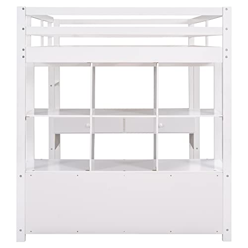 Quarte Multifunctional Full Size Solid Wood Loft Bed with Built-in Desk and Two Drawers,Storage Shelves,Guardrail and Built in Ladder,for Kids,Teens,Adults (White#L)