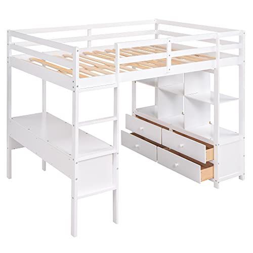 Quarte Multifunctional Full Size Solid Wood Loft Bed with Built-in Desk and Two Drawers,Storage Shelves,Guardrail and Built in Ladder,for Kids,Teens,Adults (White#L)