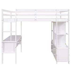 Quarte Multifunctional Full Size Solid Wood Loft Bed with Built-in Desk and Two Drawers,Storage Shelves,Guardrail and Built in Ladder,for Kids,Teens,Adults (White#L)