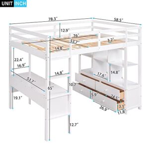 Quarte Multifunctional Full Size Solid Wood Loft Bed with Built-in Desk and Two Drawers,Storage Shelves,Guardrail and Built in Ladder,for Kids,Teens,Adults (White#L)