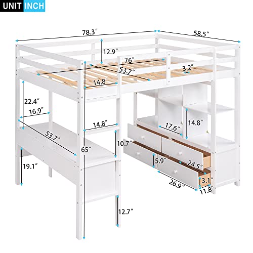 Quarte Multifunctional Full Size Solid Wood Loft Bed with Built-in Desk and Two Drawers,Storage Shelves,Guardrail and Built in Ladder,for Kids,Teens,Adults (White#L)