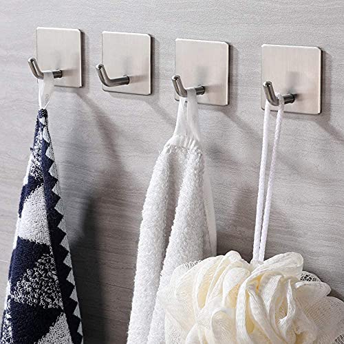 TKMENGY Self Adhesive Hooks, Stick on Hooks Holder for Tea Towel Robe Coat Kitchen Bathrooms,Stainless Steel Sticky Wall Hooks,Waterproof and Rustproof, 4 Pack (Silver)