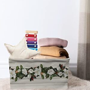 Storage Cubes Organizer with Handles, Magnolia Flowers Plant on Wooden Plank Storage Bins Fabric Collapsible Storage Baskets for Shelf Closet Nursery Cloth Organizers Box 1pcs-15x11x9.5in