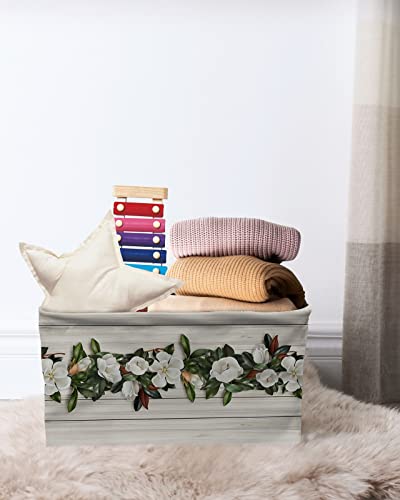 Storage Cubes Organizer with Handles, Magnolia Flowers Plant on Wooden Plank Storage Bins Fabric Collapsible Storage Baskets for Shelf Closet Nursery Cloth Organizers Box 1pcs-15x11x9.5in