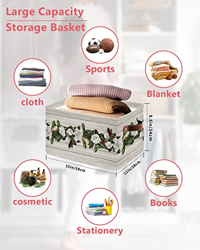 Storage Cubes Organizer with Handles, Magnolia Flowers Plant on Wooden Plank Storage Bins Fabric Collapsible Storage Baskets for Shelf Closet Nursery Cloth Organizers Box 1pcs-15x11x9.5in