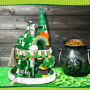 14 Pcs St. Patrick's Day Tiered Tray Decor with Green String Led Shamrock Rainbow Coin Pot Wood Sign Irish Gnome Plush and Wood Banner for St Patricks Day Home Table Party Kitchen Decor