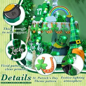 14 Pcs St. Patrick's Day Tiered Tray Decor with Green String Led Shamrock Rainbow Coin Pot Wood Sign Irish Gnome Plush and Wood Banner for St Patricks Day Home Table Party Kitchen Decor