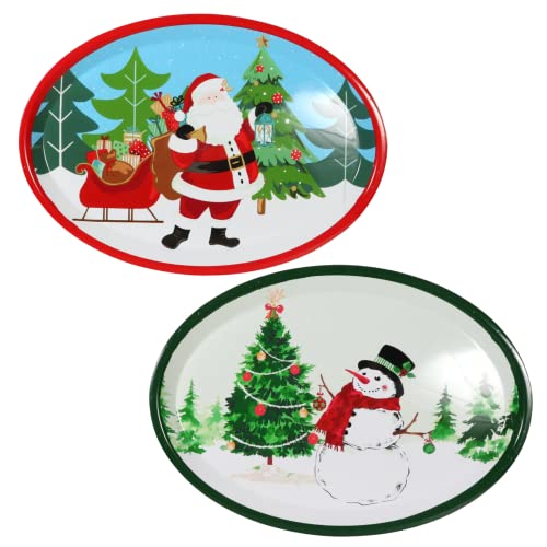 LLE Oval Christmas Platters Reusable Plastic Dinner Plates Serving Tray for Food Appetizers Meat Serving Dishes for Christmas Winter Holiday Table Decorations Set of 2 (Designs Vary) with Gift MYTYJAY