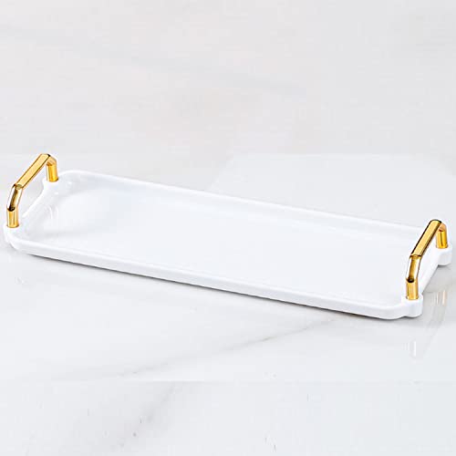 2 Pack Plastic Serving Tray with Gold Handle, 12 x 4 inch White Decorative Tray with 1”Wall, Long Narrow Coffee Table Tray Rectangular Tea Tray Decor with for Living Room Countertop Bathroom S Halyuhn