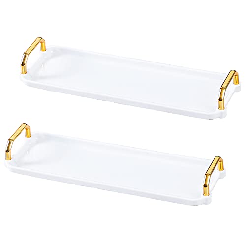 2 Pack Plastic Serving Tray with Gold Handle, 12 x 4 inch White Decorative Tray with 1”Wall, Long Narrow Coffee Table Tray Rectangular Tea Tray Decor with for Living Room Countertop Bathroom S Halyuhn