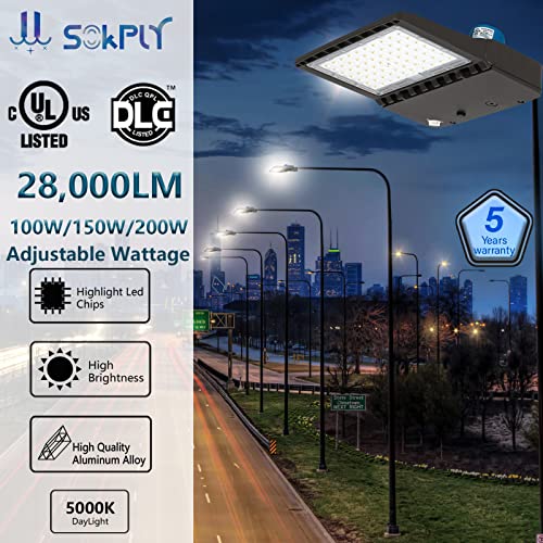 Sokply 200W LED Parking Lot Light with Photocell & Trunnion Mount & Motion Sensor 28000Lum 5000K, 0-10V Dimming Outdoor LED Area Shoebox Lighting, AC100-277V / IP65 / DLC &UL-Listed(1 Pack)