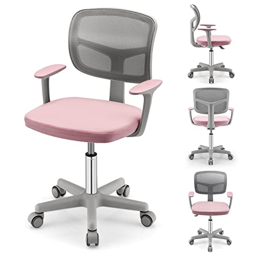 Giantex Kids Desk Chair, Height Adjustable Children Swivel Computer Chair with Y-Shaped Lumbar Support & Auto Sit-Locking Wheels, Mesh Kids Task Chair for Study, Boys Girls Aged 4-13, Pink