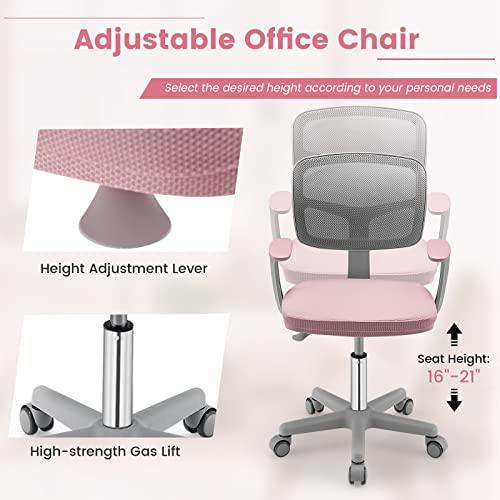 Giantex Kids Desk Chair, Height Adjustable Children Swivel Computer Chair with Y-Shaped Lumbar Support & Auto Sit-Locking Wheels, Mesh Kids Task Chair for Study, Boys Girls Aged 4-13, Pink