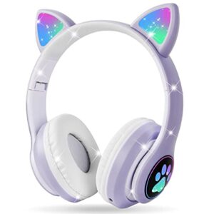 axfee kids headphones, cat ear kids bluetooth headphones, led light up over ear kids wireless headphones with hd stereo sound 105db volume limited, foldable over-ear headphone for pc/pad/school-purple