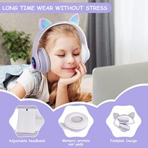 AXFEE Kids Headphones, Cat Ear Kids Bluetooth Headphones, LED Light Up Over Ear Kids Wireless Headphones with HD Stereo Sound 105dB Volume Limited, Foldable Over-Ear Headphone for PC/Pad/School-Purple