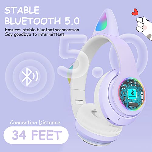 AXFEE Kids Headphones, Cat Ear Kids Bluetooth Headphones, LED Light Up Over Ear Kids Wireless Headphones with HD Stereo Sound 105dB Volume Limited, Foldable Over-Ear Headphone for PC/Pad/School-Purple