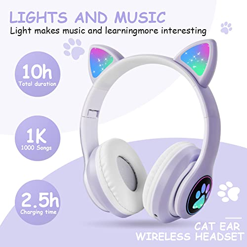 AXFEE Kids Headphones, Cat Ear Kids Bluetooth Headphones, LED Light Up Over Ear Kids Wireless Headphones with HD Stereo Sound 105dB Volume Limited, Foldable Over-Ear Headphone for PC/Pad/School-Purple