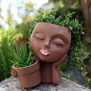 dolkgy face flower pot head planter, black woman unique planters for indoor outdoor plants, novelty plant pots lady vase with drainage hole home garden succulents cactus