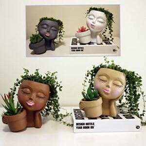 Dolkgy Face Flower Pot Head Planter, Black Woman Unique Planters for Indoor Outdoor Plants, Novelty Plant Pots Lady Vase with Drainage Hole Home Garden Succulents Cactus