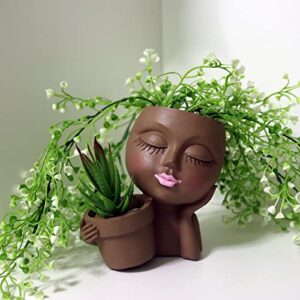 Dolkgy Face Flower Pot Head Planter, Black Woman Unique Planters for Indoor Outdoor Plants, Novelty Plant Pots Lady Vase with Drainage Hole Home Garden Succulents Cactus