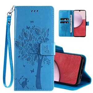 paobir for samsung galaxy a14 5g case,galaxy a14 5g wallet case,flip case pu leather emboss love tree cat flowers wrist strap credit card folio kickstand cover for samsung galaxy a14 5g blue