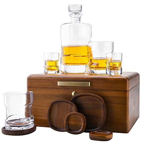 Whiskey Decanter Set with Acacia Wood Storage Box, Whiskey Glasses, Shot Glasses, and Wooden Drink Coasters, Luxury Home Bar Gift Bundle for Men and Women