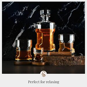 Whiskey Decanter Set with Acacia Wood Storage Box, Whiskey Glasses, Shot Glasses, and Wooden Drink Coasters, Luxury Home Bar Gift Bundle for Men and Women