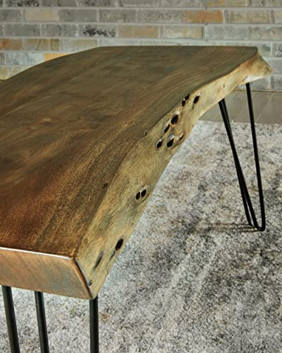 Signature Design by Ashley Haileeten Contemporary Accent Bench with Live Edge Top, Light Brown & Black